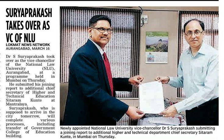 Prof. (Dr) S. Surya Prakash appointed as Vice Chancellor of NLU (Aurangabad) - LawOF